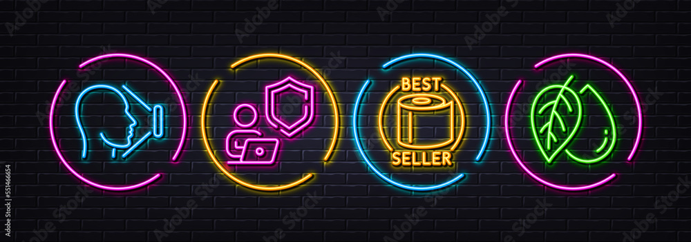 Vetor de Toilet paper, Face id and Shield minimal line icons. Neon laser 3d lights. Mineral oil ...