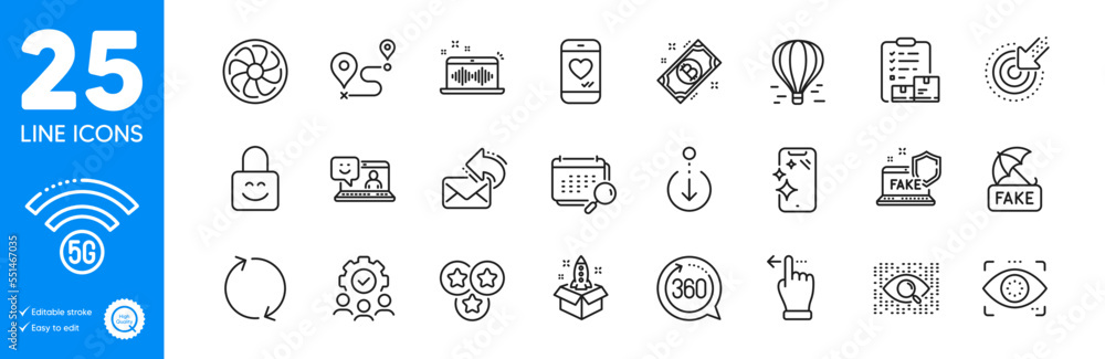 Outline icons set. Calendar, Fan engine and Scroll down icons. Lock ...