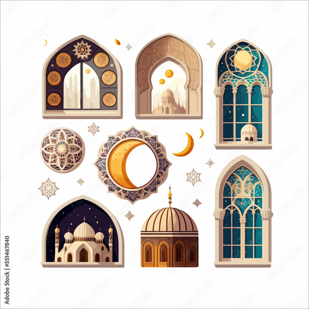Collection of oriental style Islamic windows and arches. Flat cartoon ...