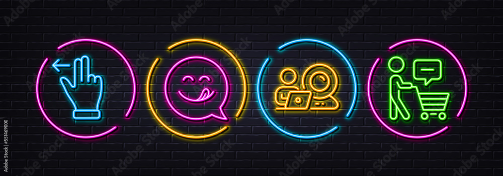Video conference, Yummy smile and Touchscreen gesture minimal line icons. Neon laser 3d lights ...