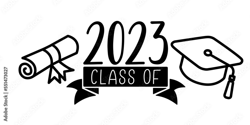 CLASS OF 2023. Graduation logo with cap and diploma for high school ...