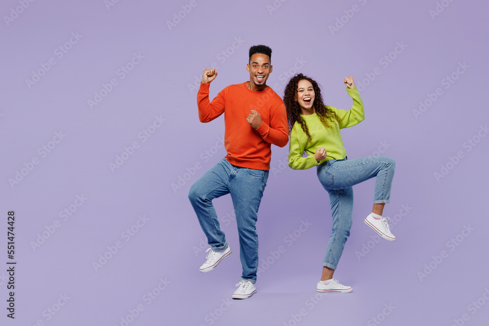 Full body young couple two friends family man woman of African American ...