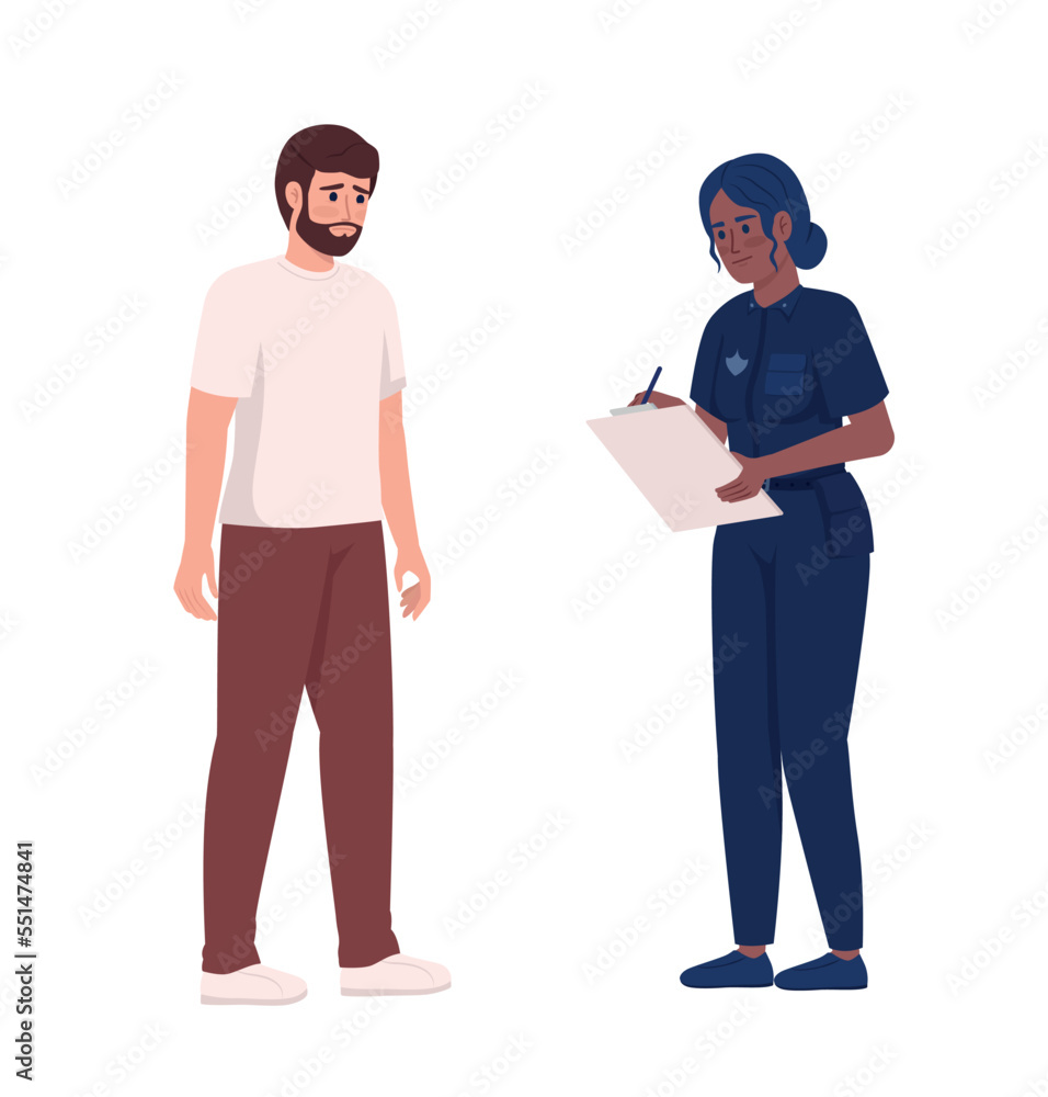 Vetor de Sad man complaining to female police officer semi flat color ...