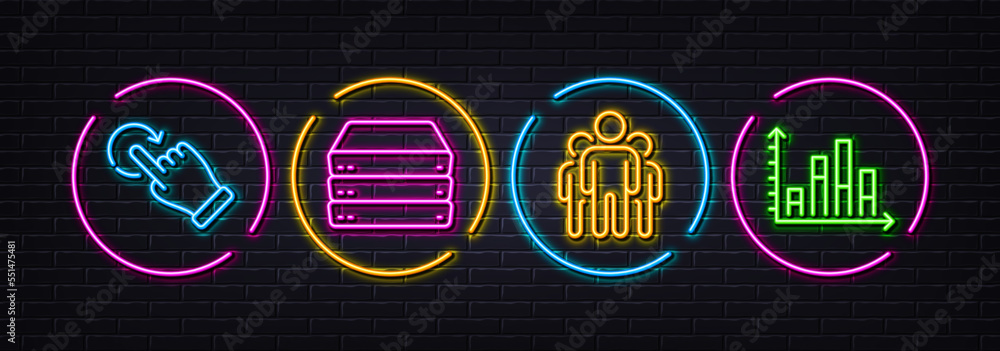 Servers, Group and Rotation gesture minimal line icons. Neon laser 3d lights. Diagram graph ...