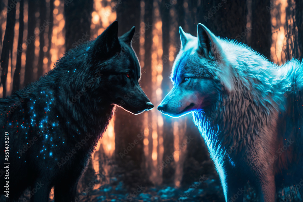 black and white wolf face each other, love ,opposite, generative ai Stock Illustration | Adobe Stock