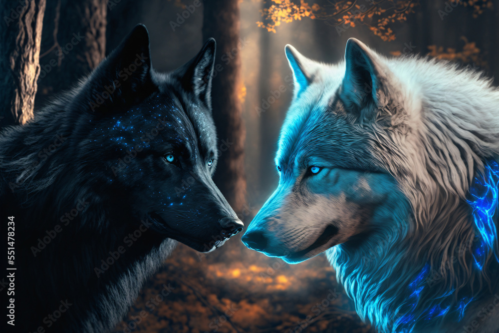 black and white wolf face each other, love ,opposite, generative ai ...