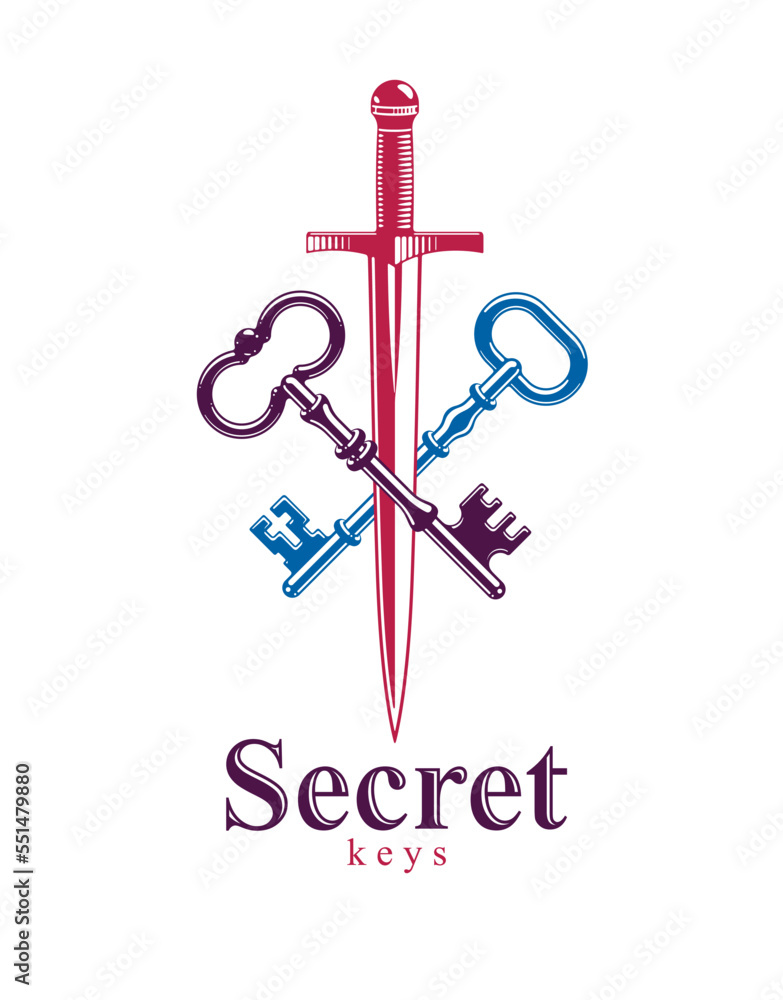 Crossed keys and dagger vector symbol emblem, turnkeys and sword ...
