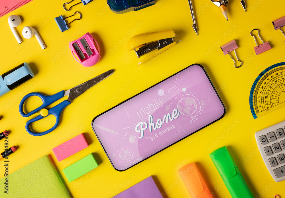 School Supplies with Mobile Mockup Stock Template | Adobe Stock