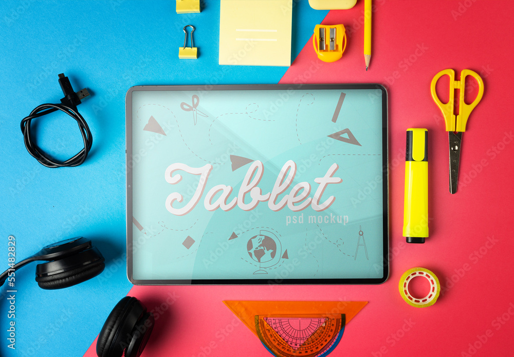 School Supplies with Screen Mockup Stock Template | Adobe Stock