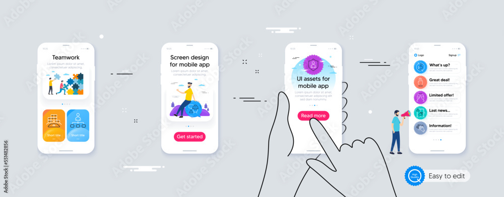 Set of Clapping hands, Builder warning and Three fingers line icons ...