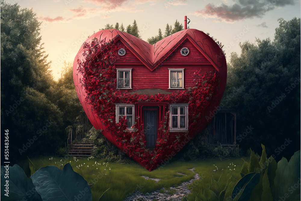 Red heart cottagecore style, digital fine art Stock Illustration ...