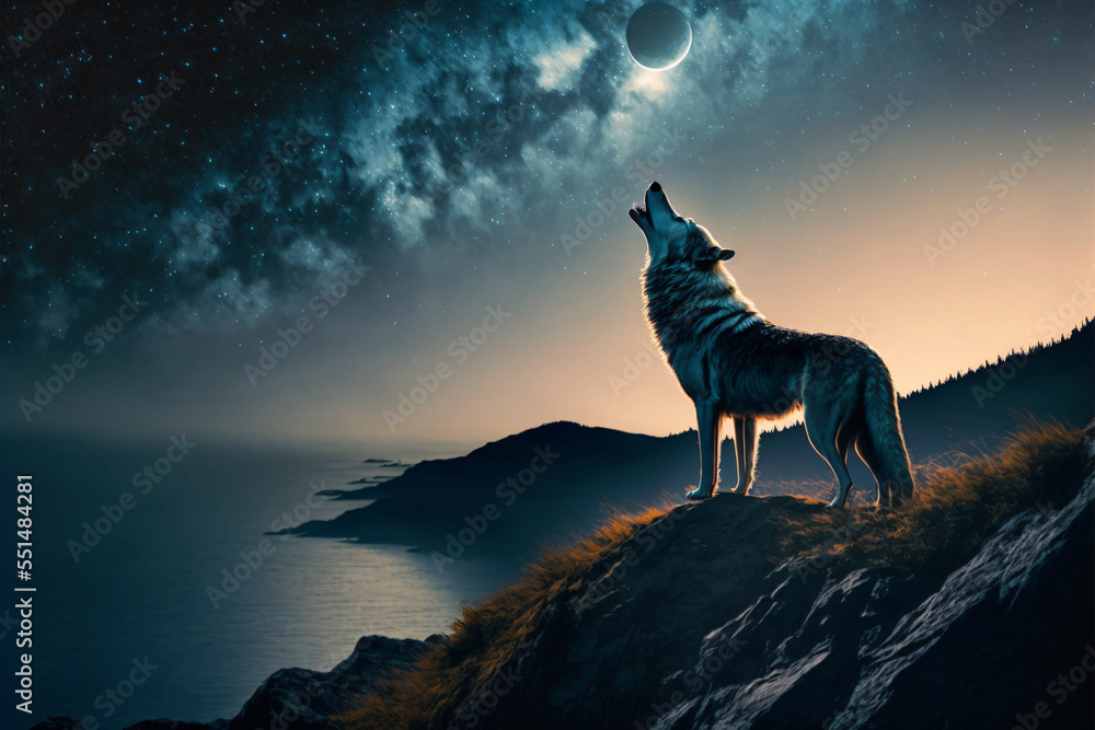 Wolf howling at the full moon, sky, stars, howl, generative ai Stock Illustration | Adobe Stock