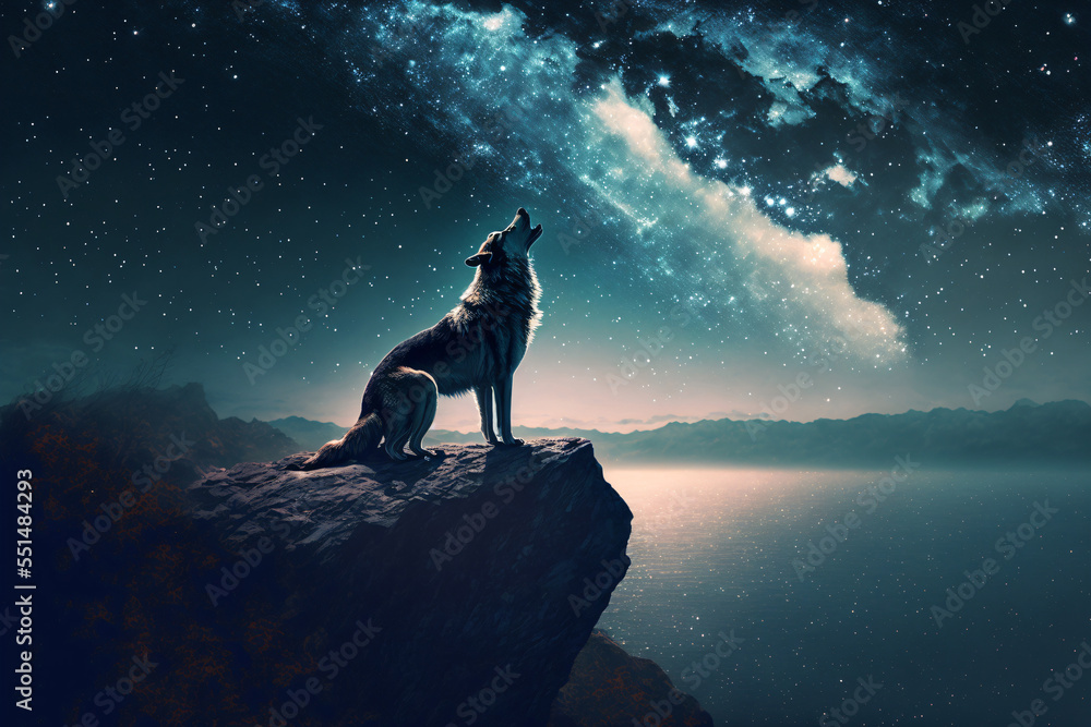 Wolf howling at the full moon, sky, stars, howl, generative ai Stock ...
