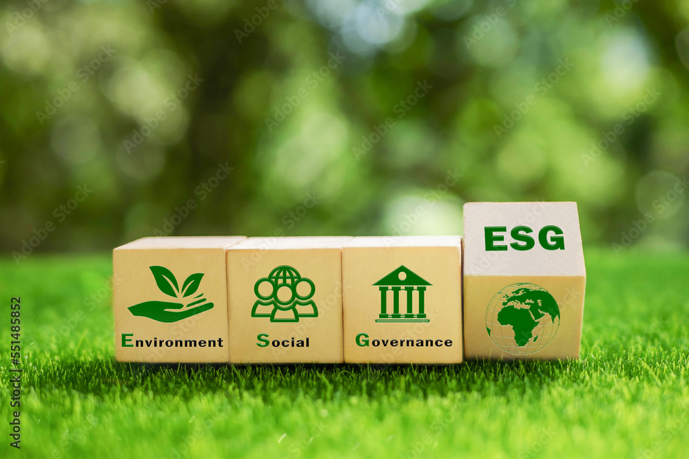 ESG concept of environmental, social and governance. Sustainable and ethical business. wooden ...