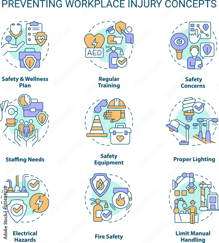 Preventing workplace injury concept icons set. Occupational health and ...