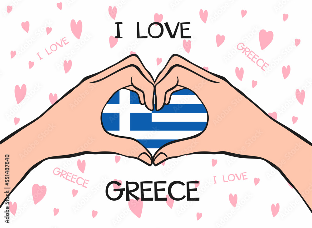 I love Greece. Heart hand gesture with Greece flag. Modern design with ...