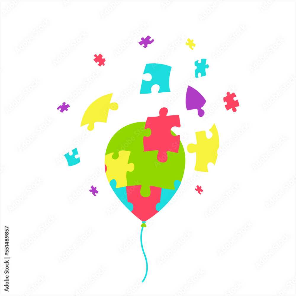 Autism awareness month poster. Balloon with jigsaw puzzle pieces around ...