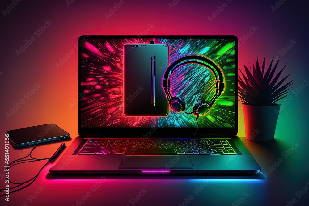 Neon-themed wallpaper for your desktop computer or mobile device Stock ...
