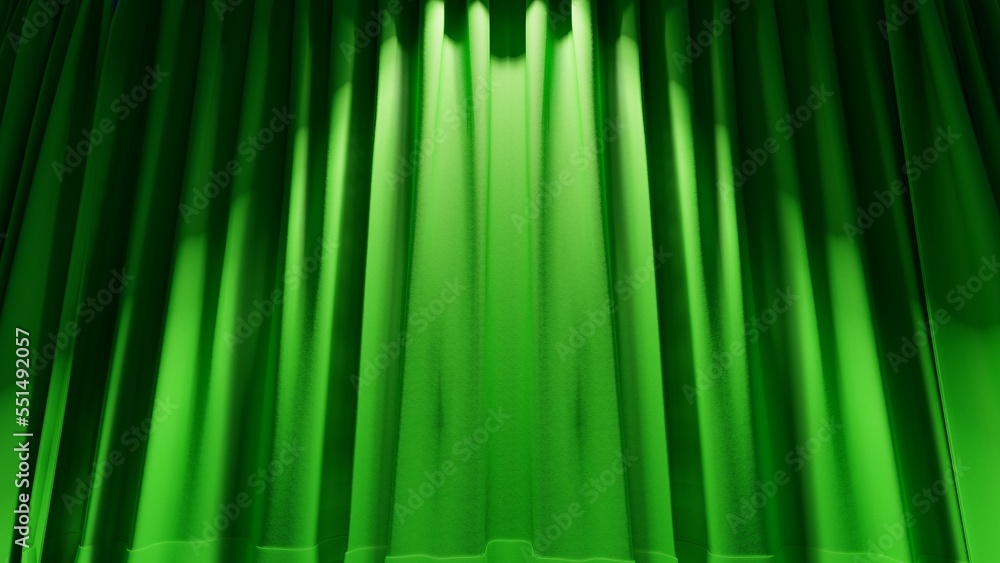 green curtain background with minimal style and spot light. Blank stand ...