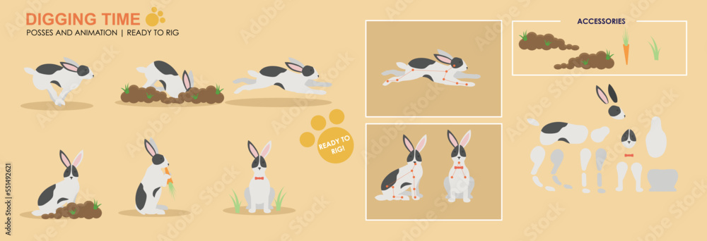 Vetor de Cute black and white rabbit, bunny eating with accessories ...
