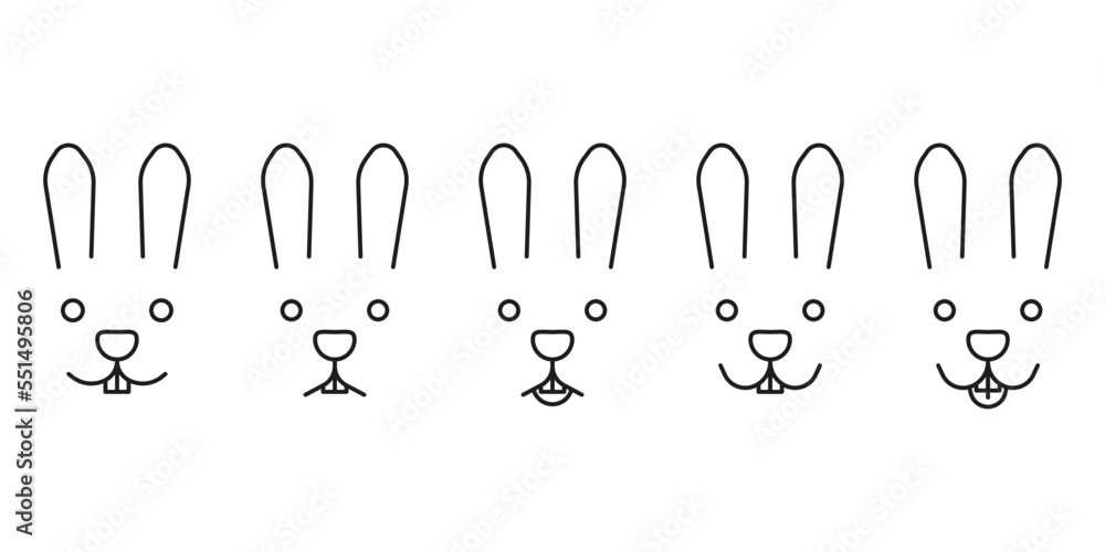 Hare face set, pet head with different emotion, line icon. Rabbit is ...