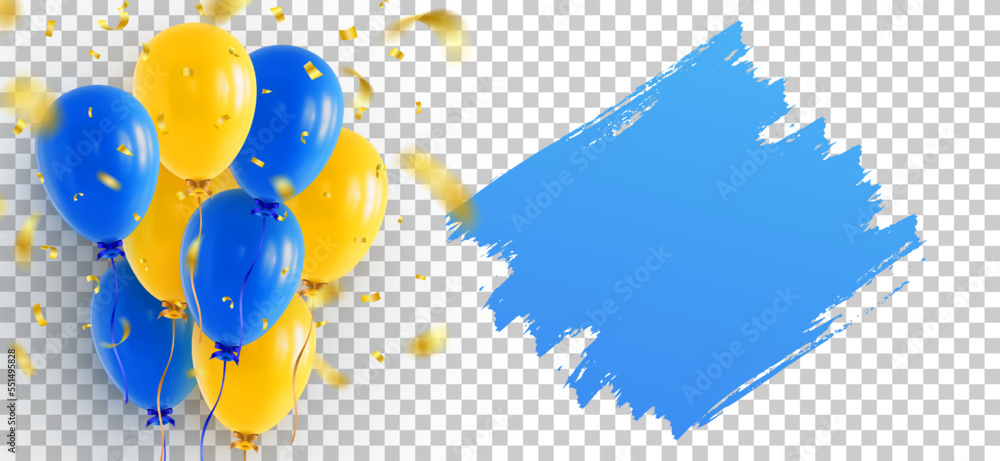 Banner with bunch of helium balloons and brush stroke on transparent ...