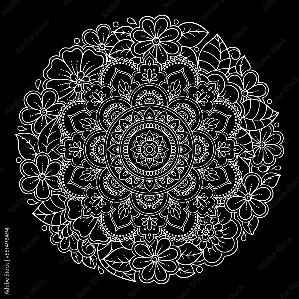 Outline round flower pattern in mehndi style for coloring book page ...