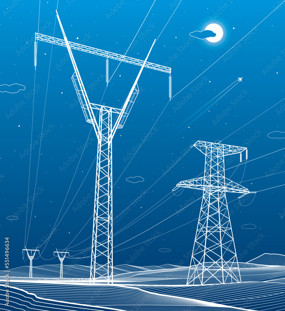 High voltage transmission systems. Electric pole. Power lines. A ...