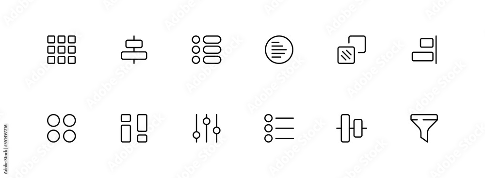 Menu buttons set icon. Tiles, squares, arrows, lists, application buttons, alignment, slider ...