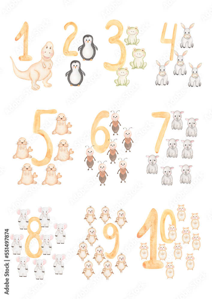 Watercolor childish poster with cute animals and numbers. Baby ...