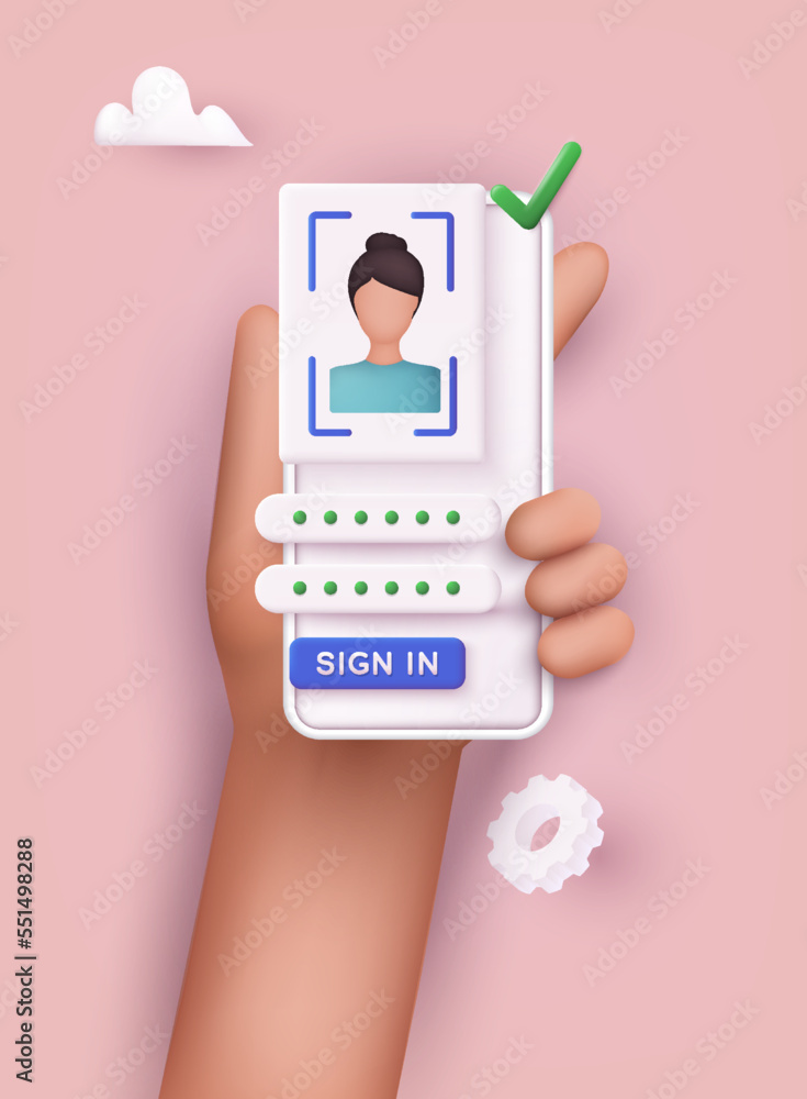 Hand holding mobile smart phone with face recognition app. 3D Web ...