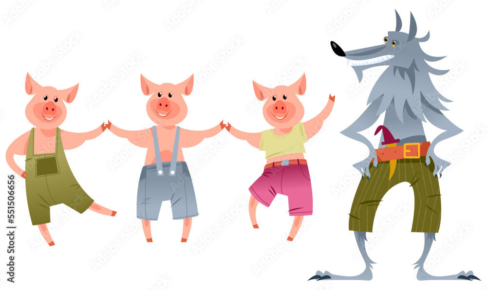 Three Little Pigs and Big Bad Wolf. European folk tale Stock Vector ...
