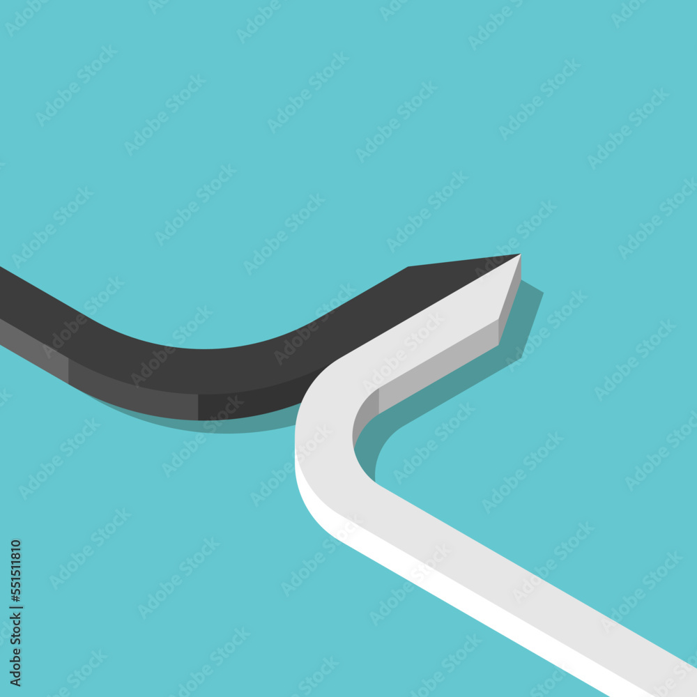 Isometric merging arrow, two different parts. Merger, teamwork ... Isometric merging arrow, two different parts. Merger, teamwork ...