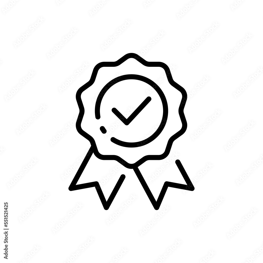 Winners badge with ribbon line icon. Award, checkmark, tick, approved ...