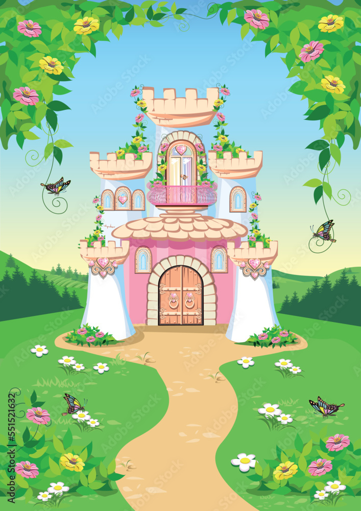 Fairy tale background with princess castle in the forest. Castle with ...