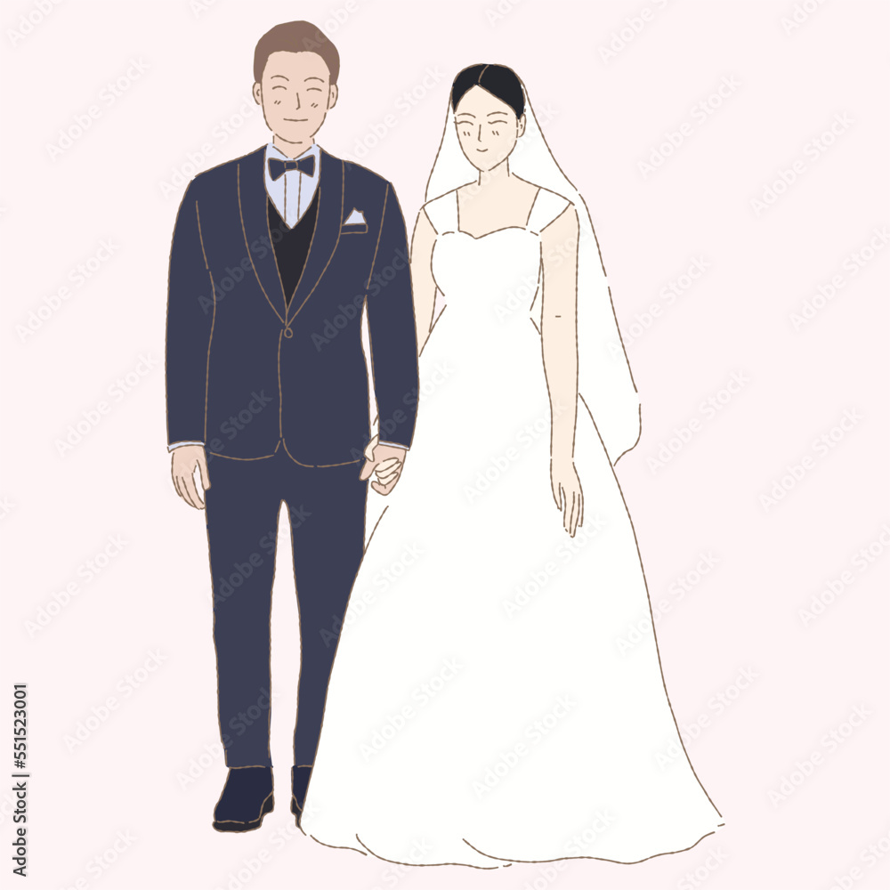 Groom and bride in wedding dress holing their hands. Married couple ...