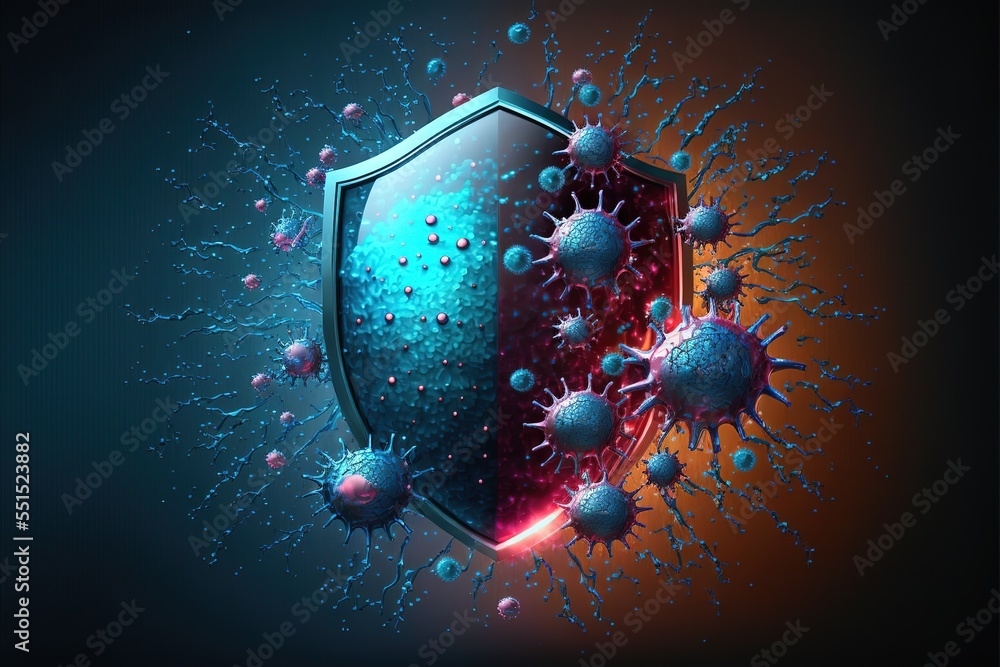 Shining shield and viruses. Antimicrobial protect. , ai Stock ...