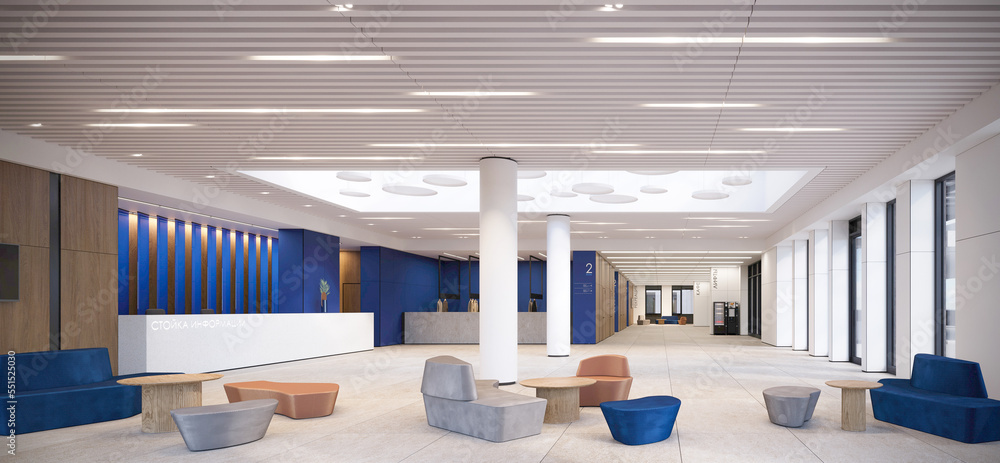 Reception waiting area lobby with wardrobe with blue wall decorate ...