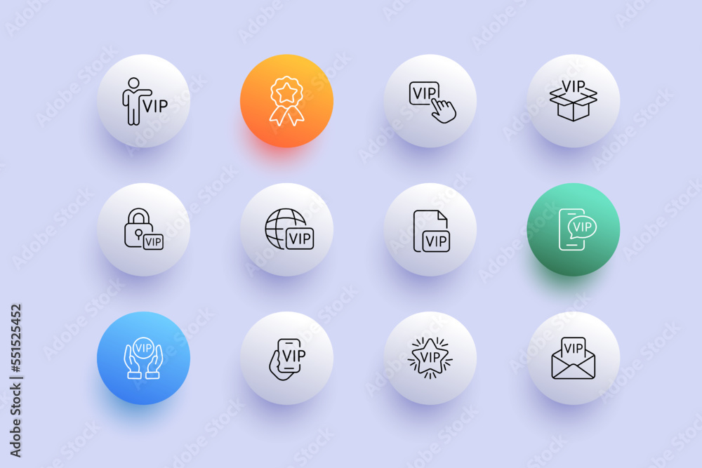 VIP status set icon. Place, badge, star, celebrity, box, phone, planet ...