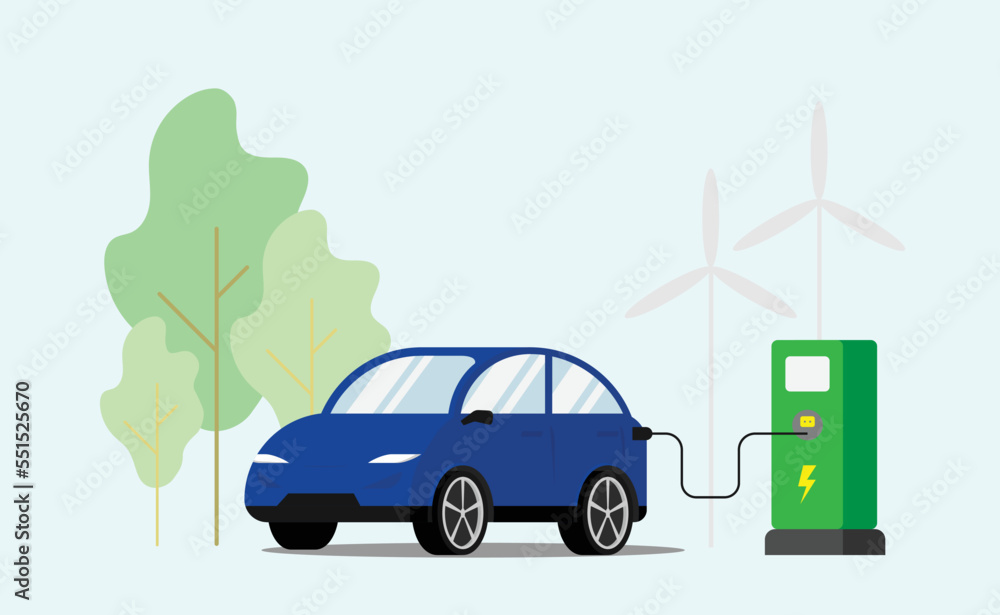 Electric car charging at EV fast charger station with trees and ...