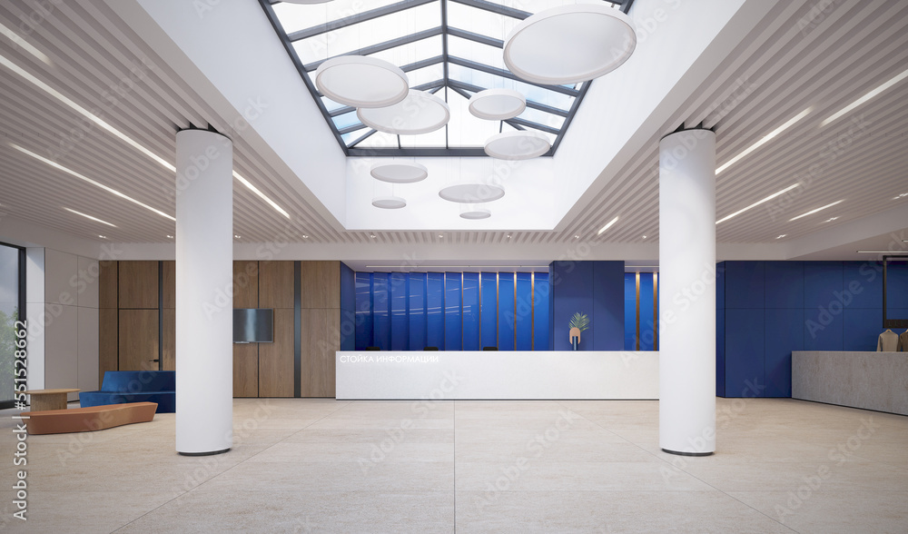 Reception waiting area lobby with wardrobe with blue wall decorate ...