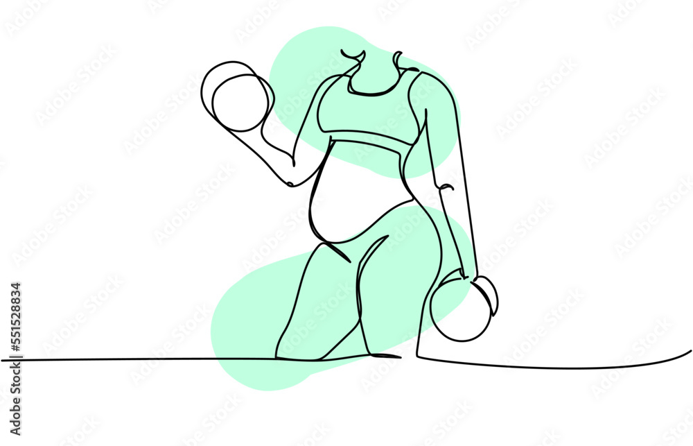 Pregnant woman doing exercises with dumbbells one line art with ...