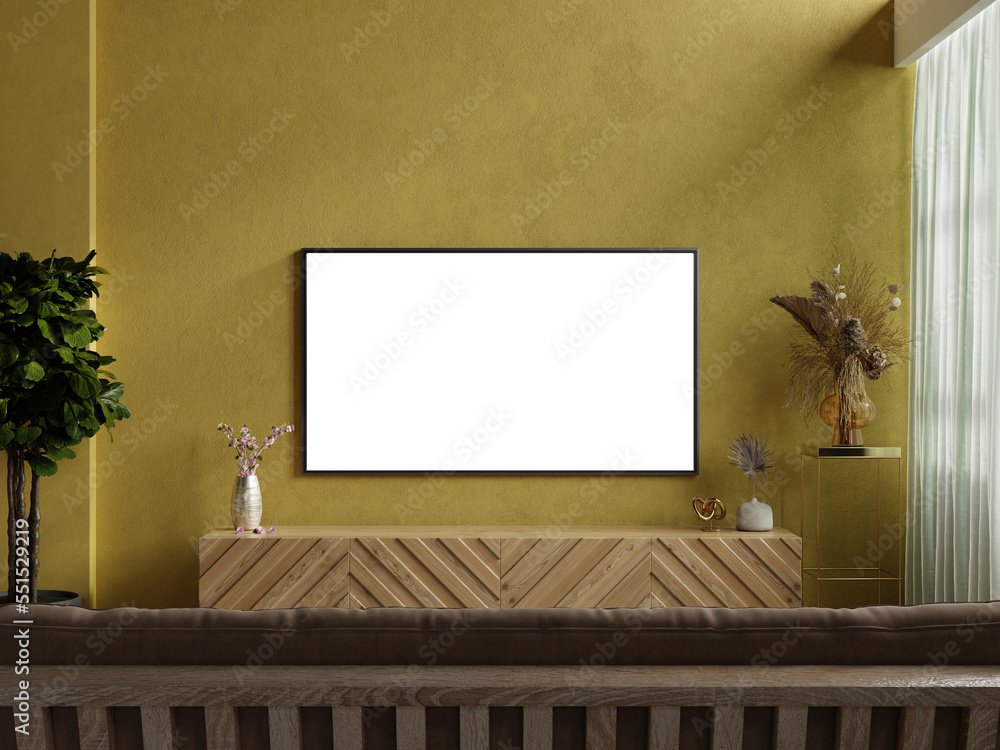 Mockup a TV wall mounted in a living room room with transparent ...