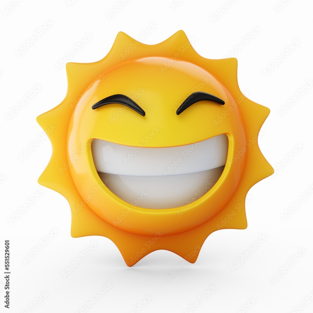 3D Rendering happy Sun emoji isolated on white background Stock ...