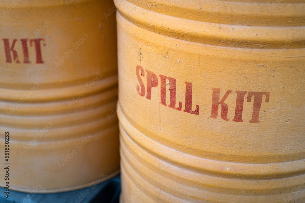 Spill kit containment box which are prepared and placed in front of the ...