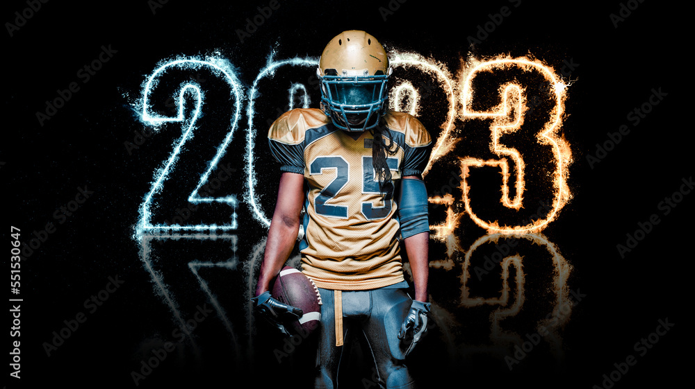 American football player on the black background with fire. Sports ...