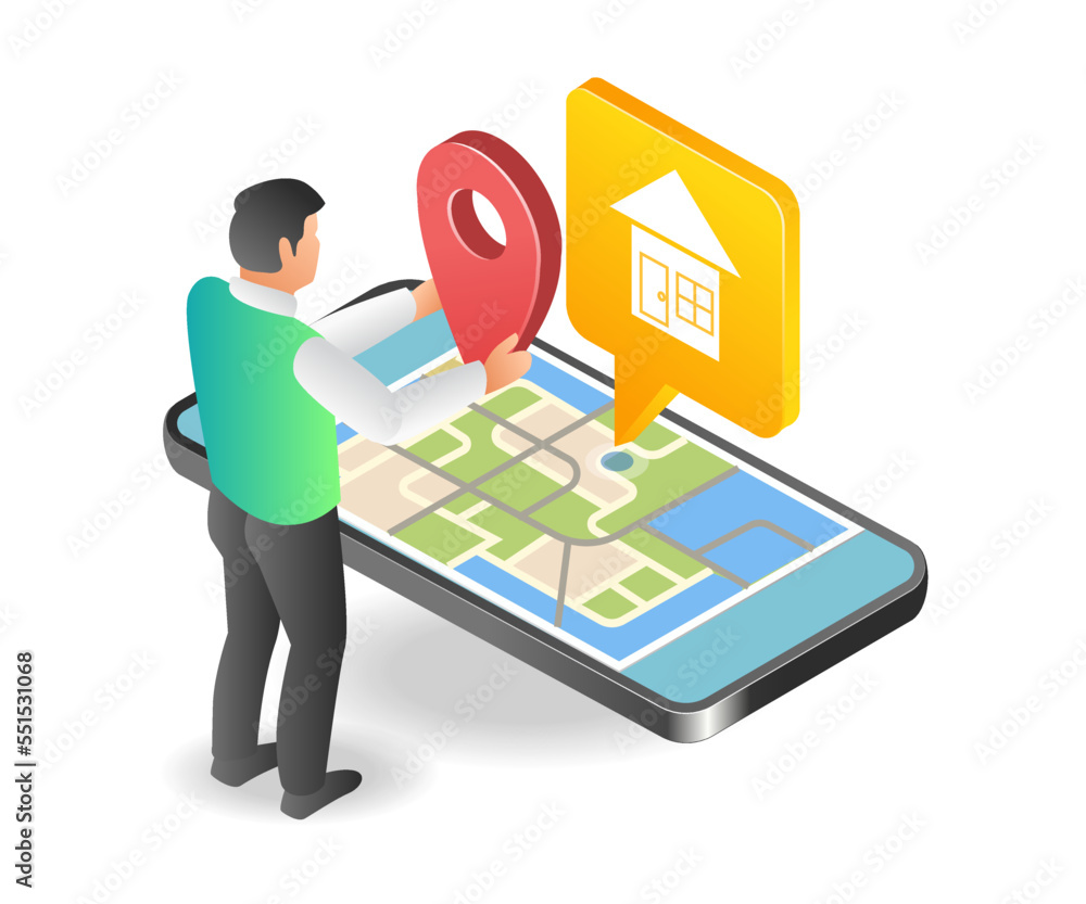 Concept isometric illustration of a man signaling a location map app ...