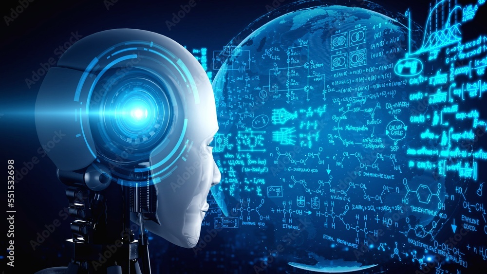 hominoid AI robot looking at hologram screen in concept of math ...