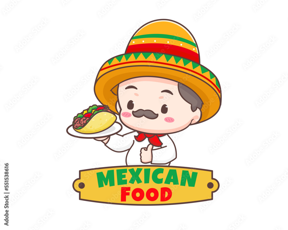 Tacos logo cartoon illustration. Cute chef wears sombrero hat holding ...