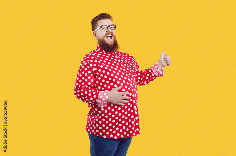 Happy funny fat plump young man with ginger beard and handlebar ...